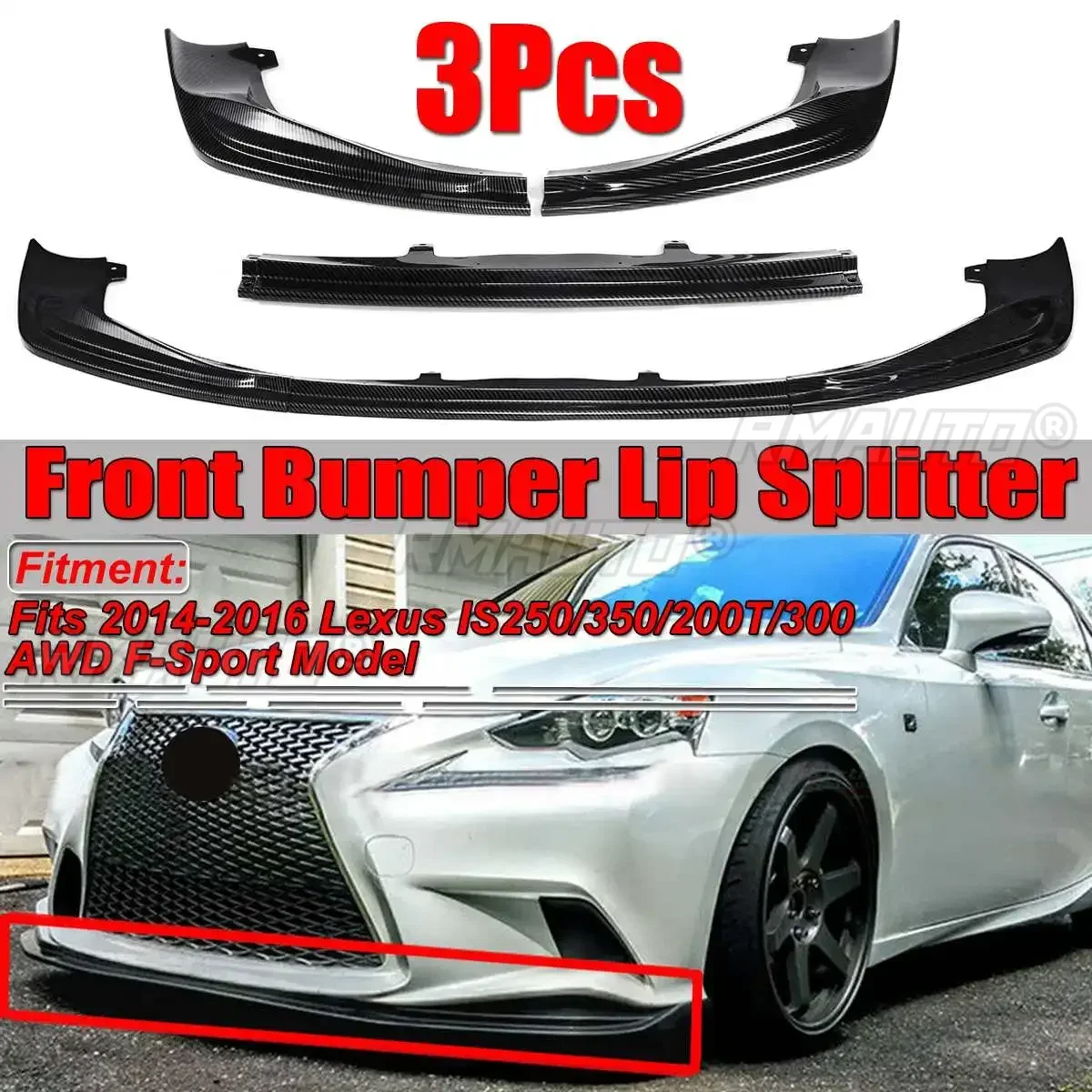 New Carbon Fiber Look 3Piece Car Front Bumper Splitter Lip Diffuser For ...