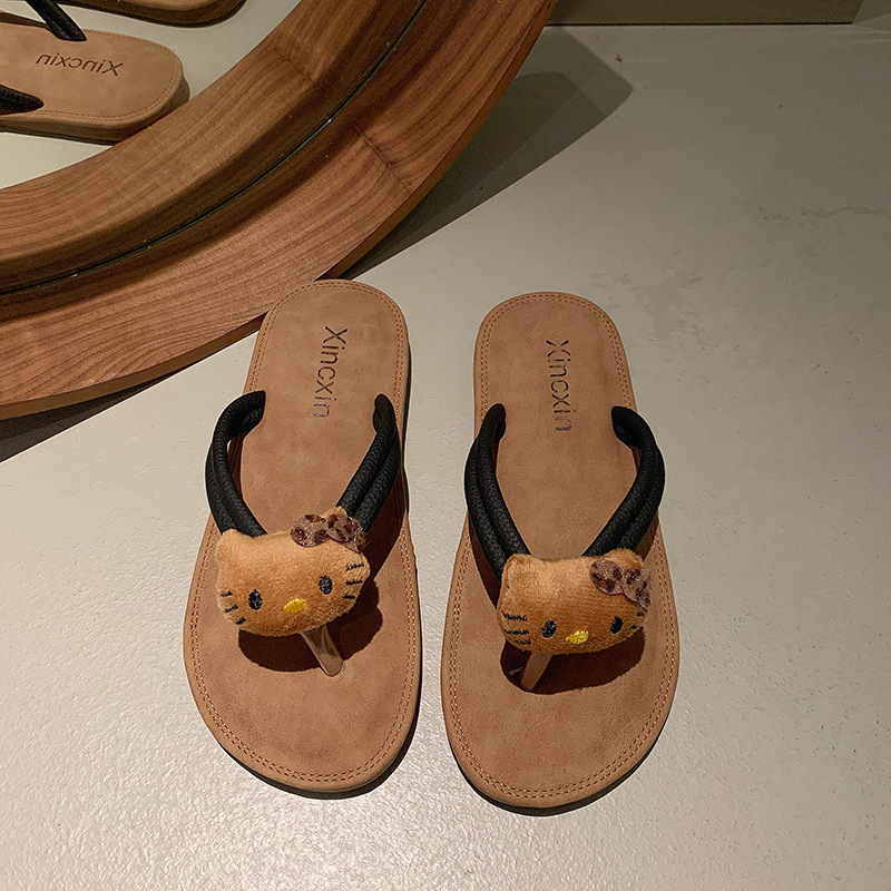 New Cartoon Black Hello Kitty Cat Flip Flops for Women in Summer 2024 ...