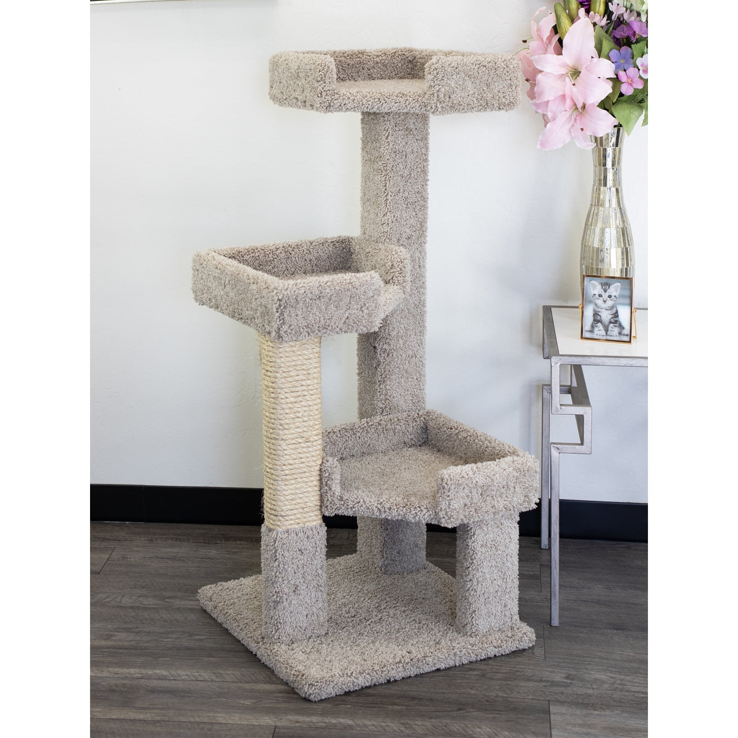 New Cat Condos Large 3 Level Solid Wood Kitty Tree with Real Carpet ...