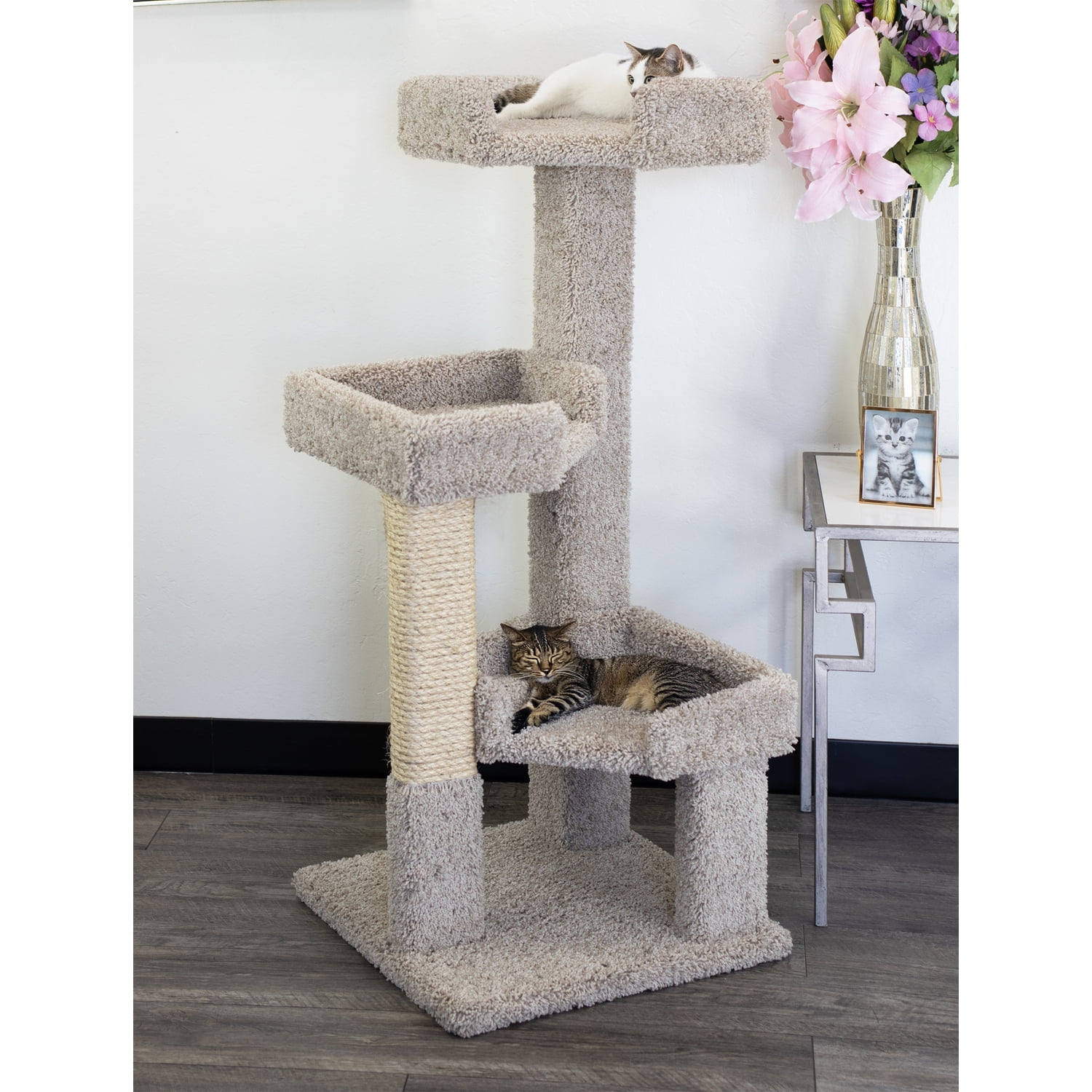 New Cat Condos Large 3 Level Solid Wood Kitty Tree with Real Carpet ...