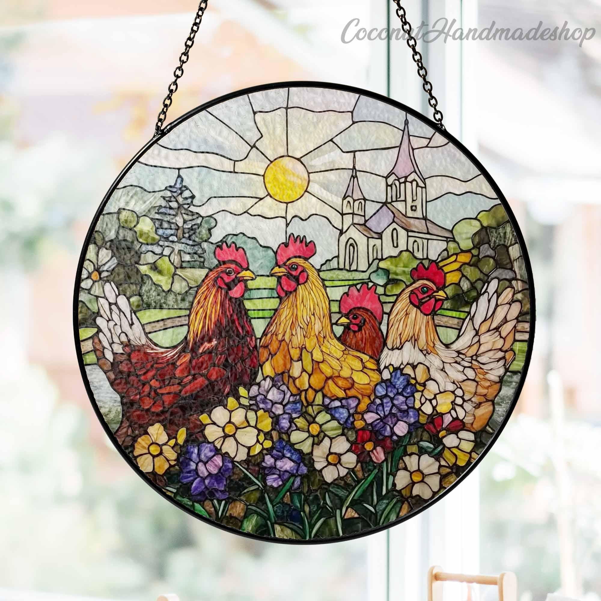 New Chickens in Flowers Garden Stained Glass Suncatcher, Farmhouse ...