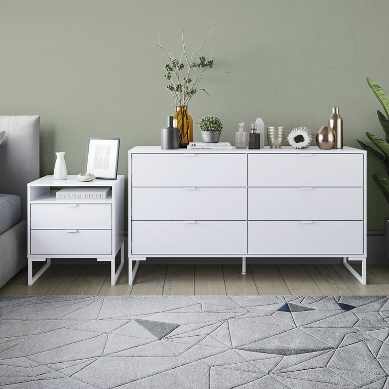 Kappesberg New Collins 2 Piece Bedroom Set 6 Drawer Dresser and One 2 Drawer Nightstand White