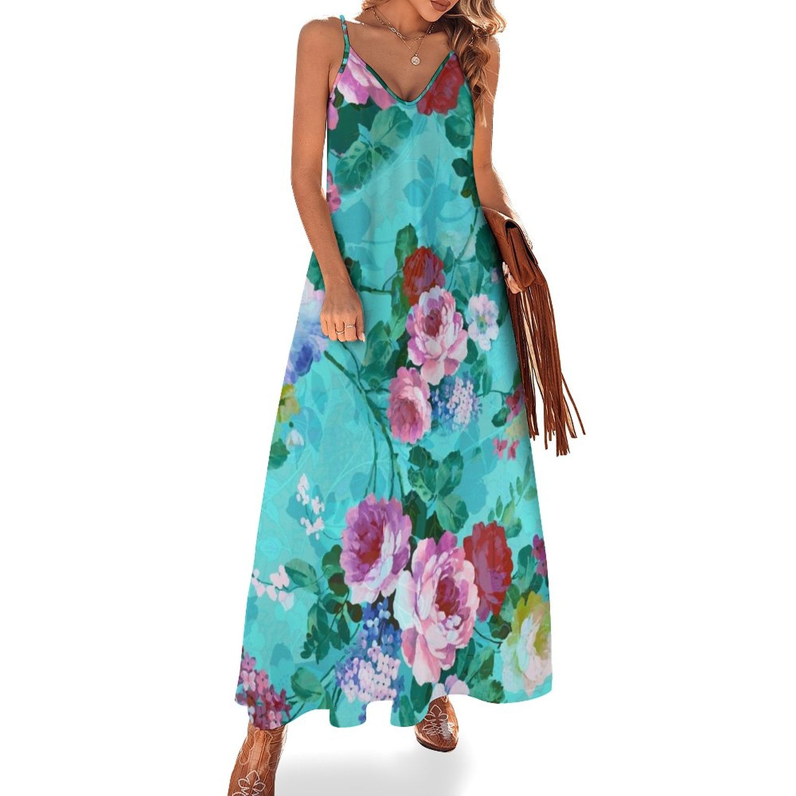 New Colorful Pastel Flowers On Turquoise Blue Background Sleeveless ...