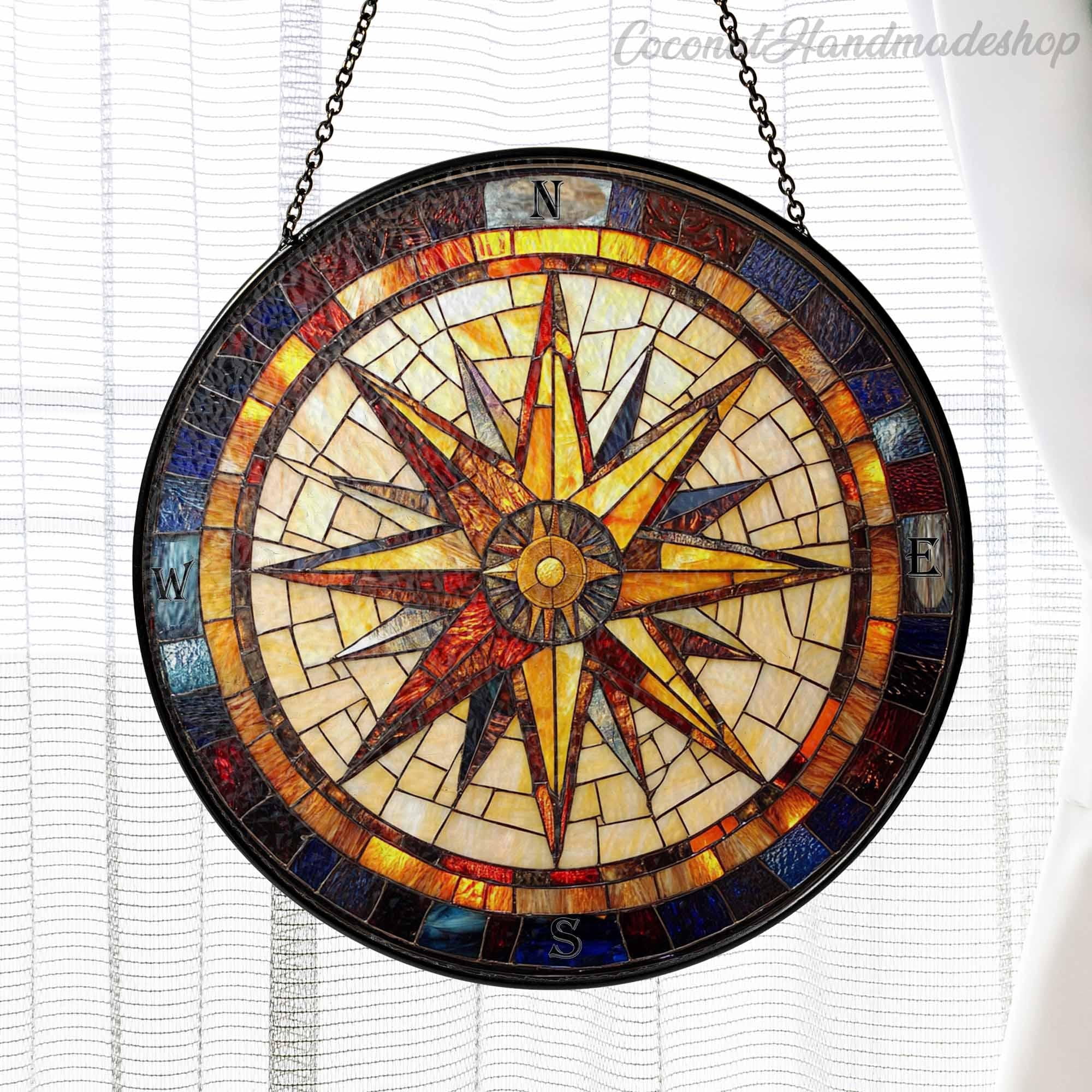 New Compass Rose Glass Suncatcher, Colorful Directional Compass Decor ...