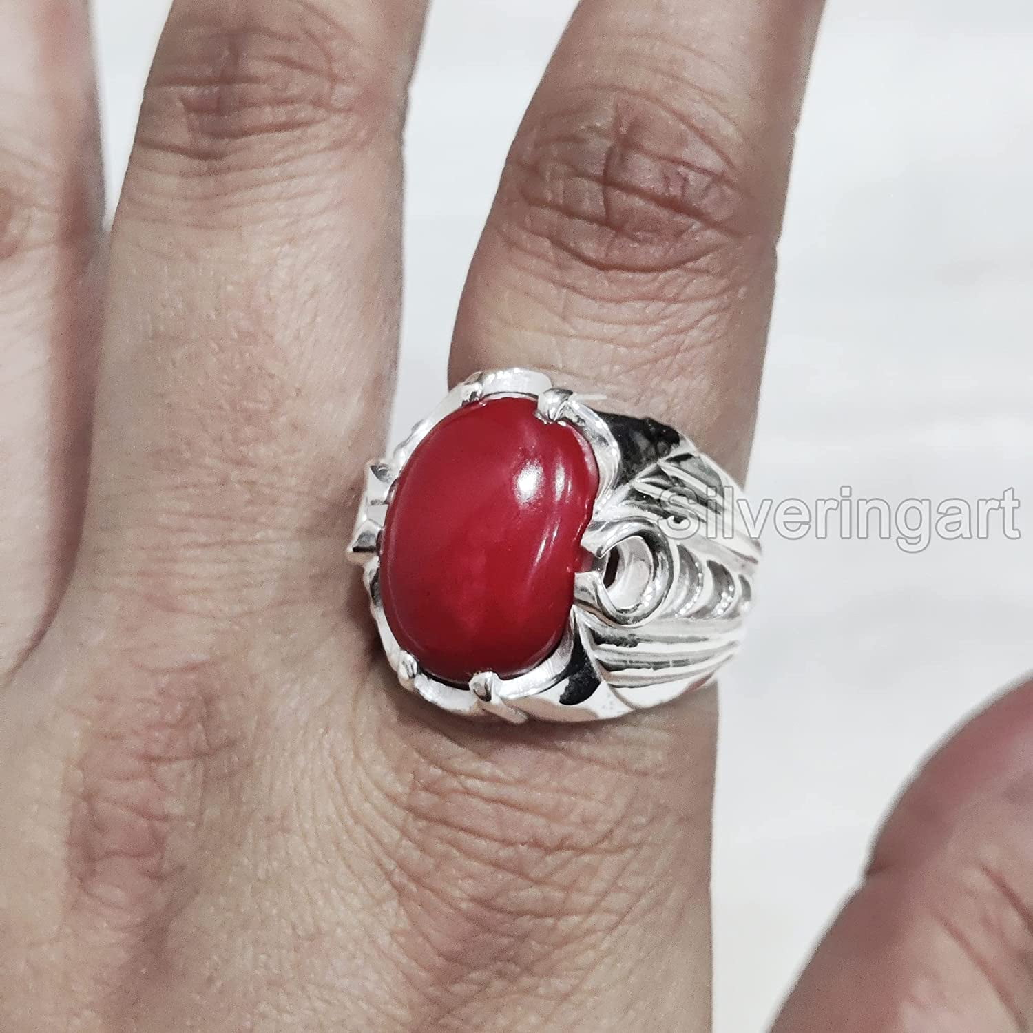 New Coral Mans Ring, Natural Red Coral Ring, Crescent Moon, Silver ...