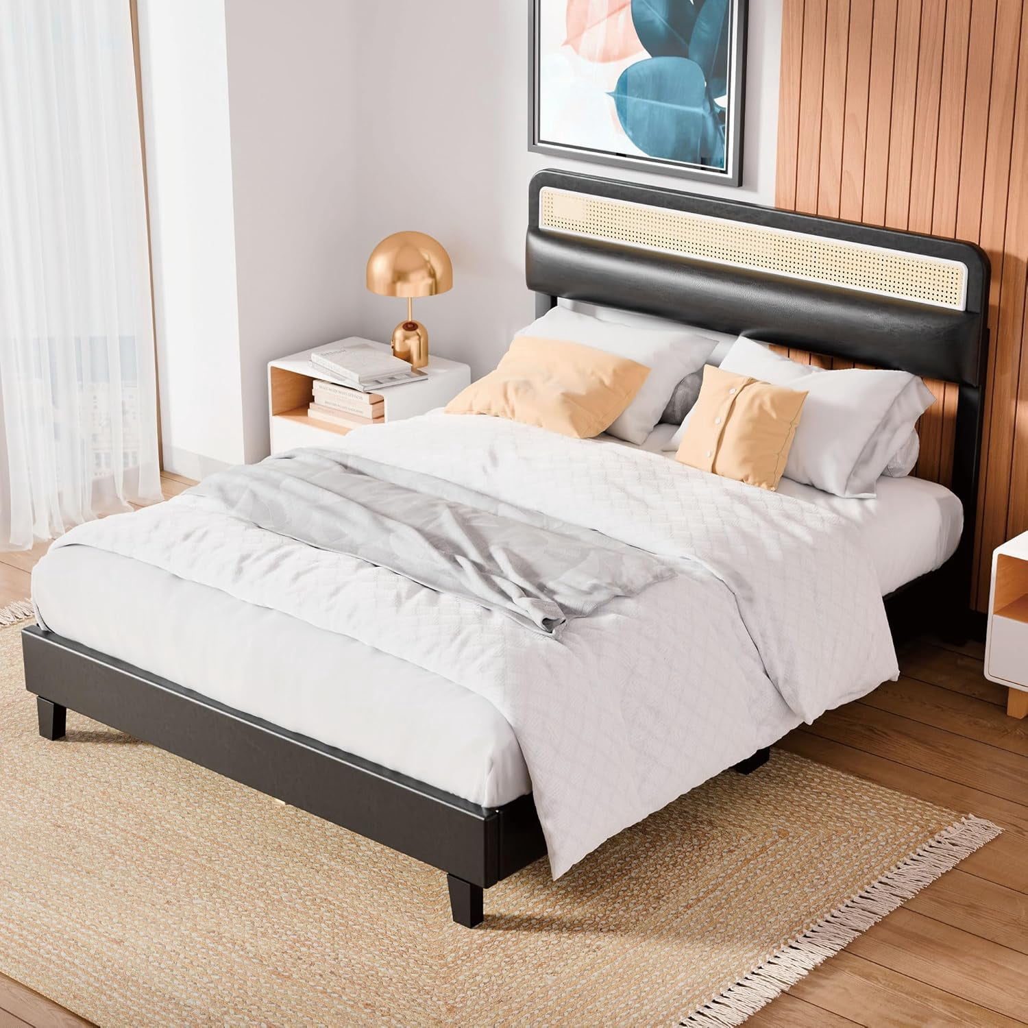 New Cozy Castle King Bed Frame with Adjustable Rattan Headboard, Modern ...