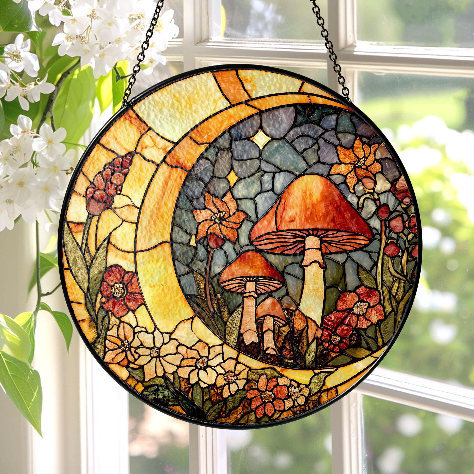 New Crescent Moon Mushroom Glass Suncatcher, Mushrooms Cottagecore Home ...