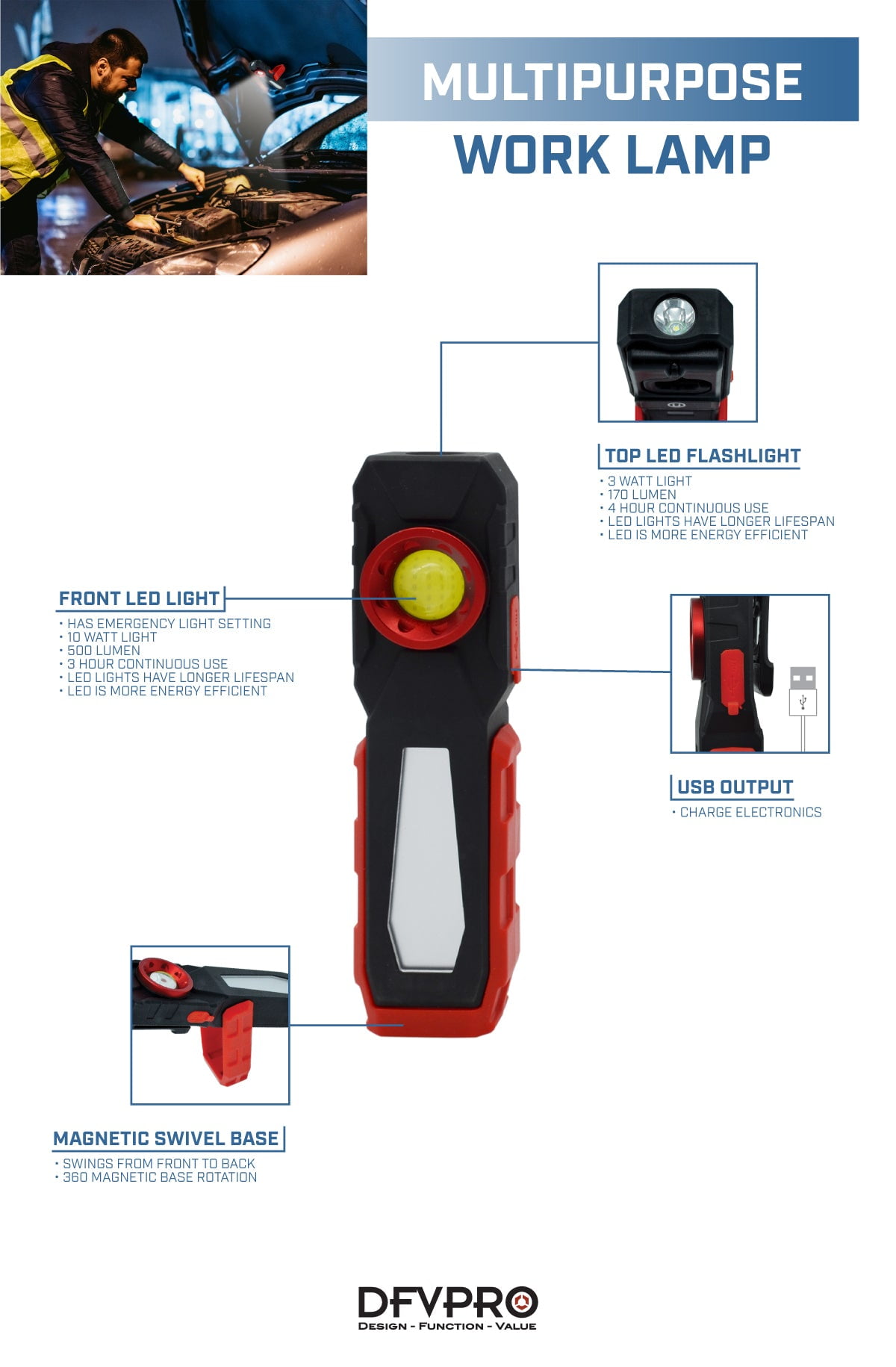 DFVPRO 500 Lumen LED Portable Work Lamp with 2-Lights - Walmart.com