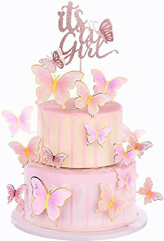 New Double Sided Rose Gold Butterfly Cake Topper Set, It's A Girl Cake Topper and 16 Pieces Pink ...