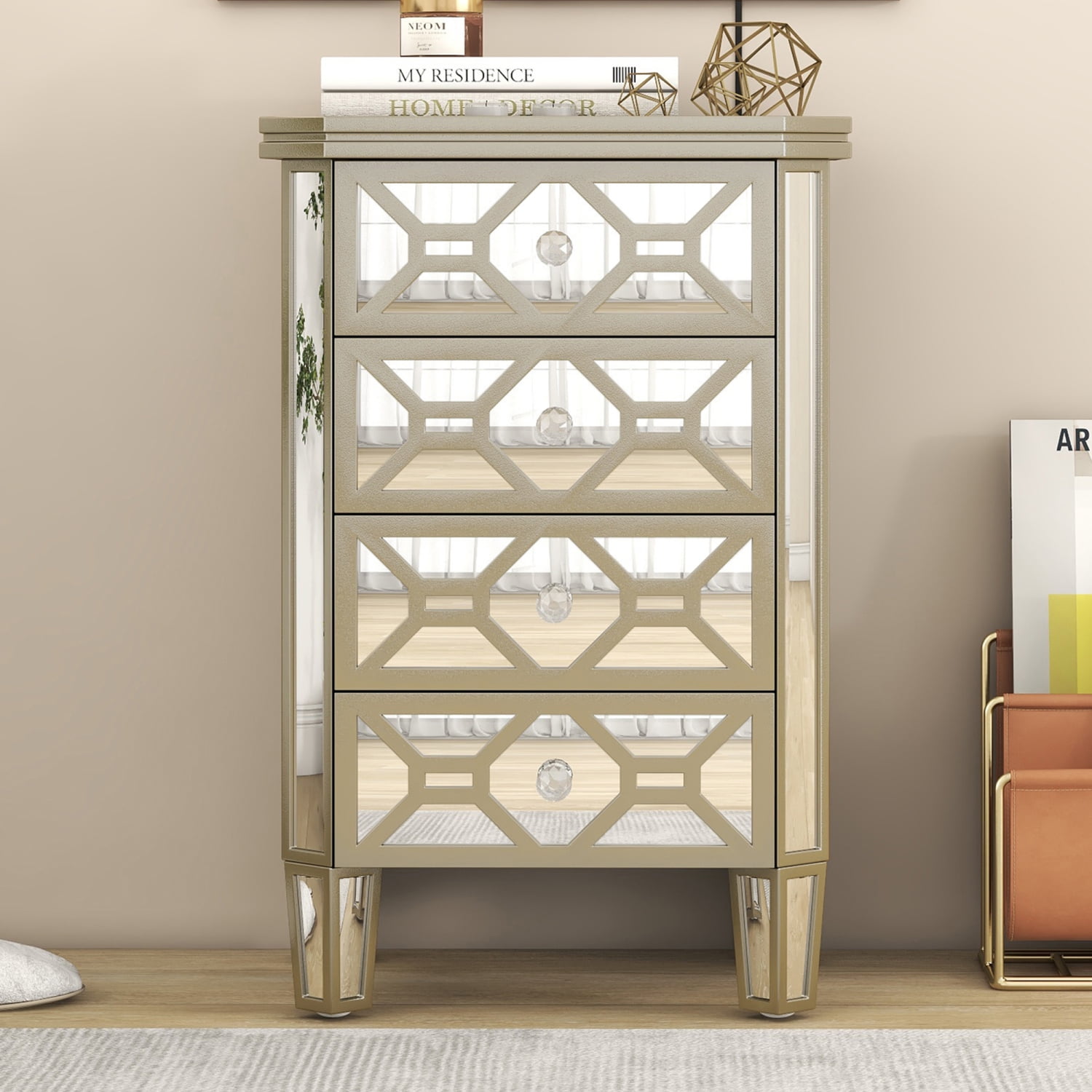 New Elegant Mirrored 4-Drawer Chest with Golden Lines Storage Cabinet ...