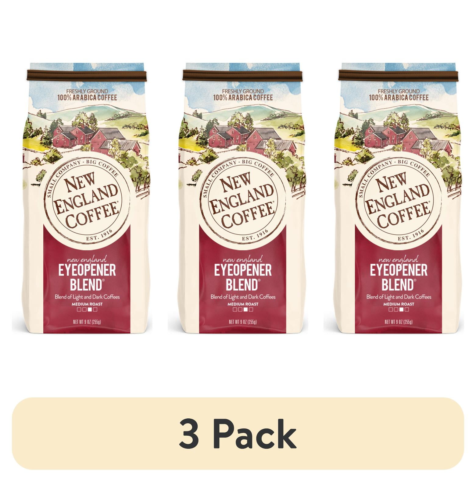 (3 pack) New England Coffee 100% Arabica Coffee, Eye Opener Blend, Dark Roast, Ground Coffee 9 ...