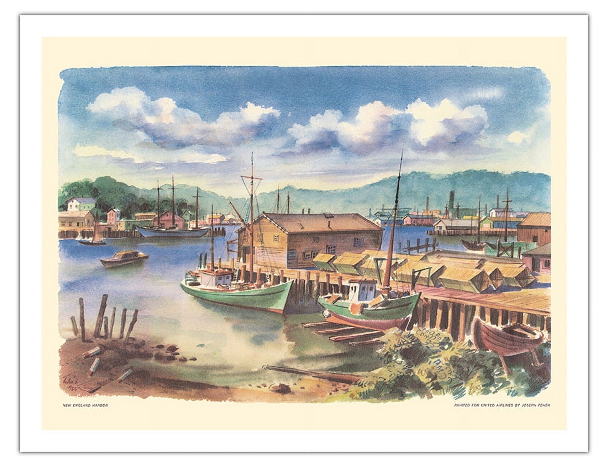 New England Harbor - United Air Lines - Vintage Airline Travel Poster ...