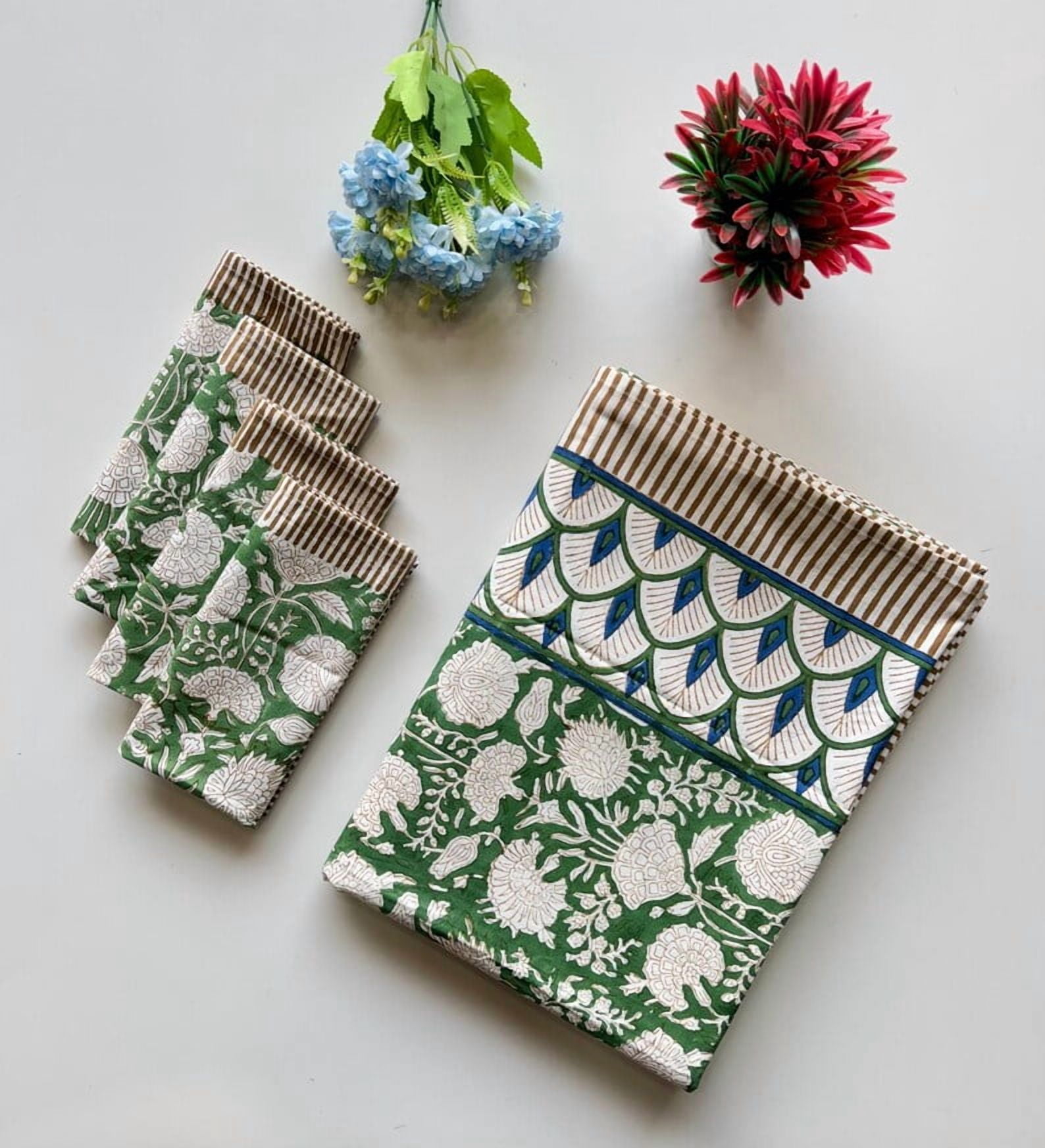 New Era Creation Dark Green and White Block Printed Table Cover, Home ...