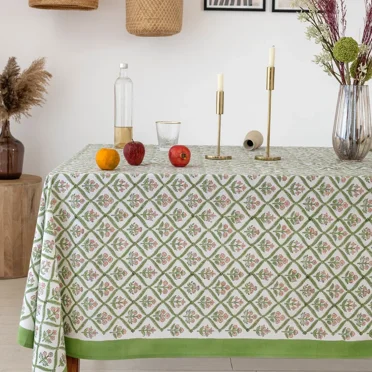 New Era Creation Sage Green Hand Block Printed Cotton Round Tablecloth ...
