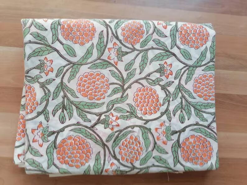 New Era Creation Orange and Army Green Floral Border Design Hand Block ...