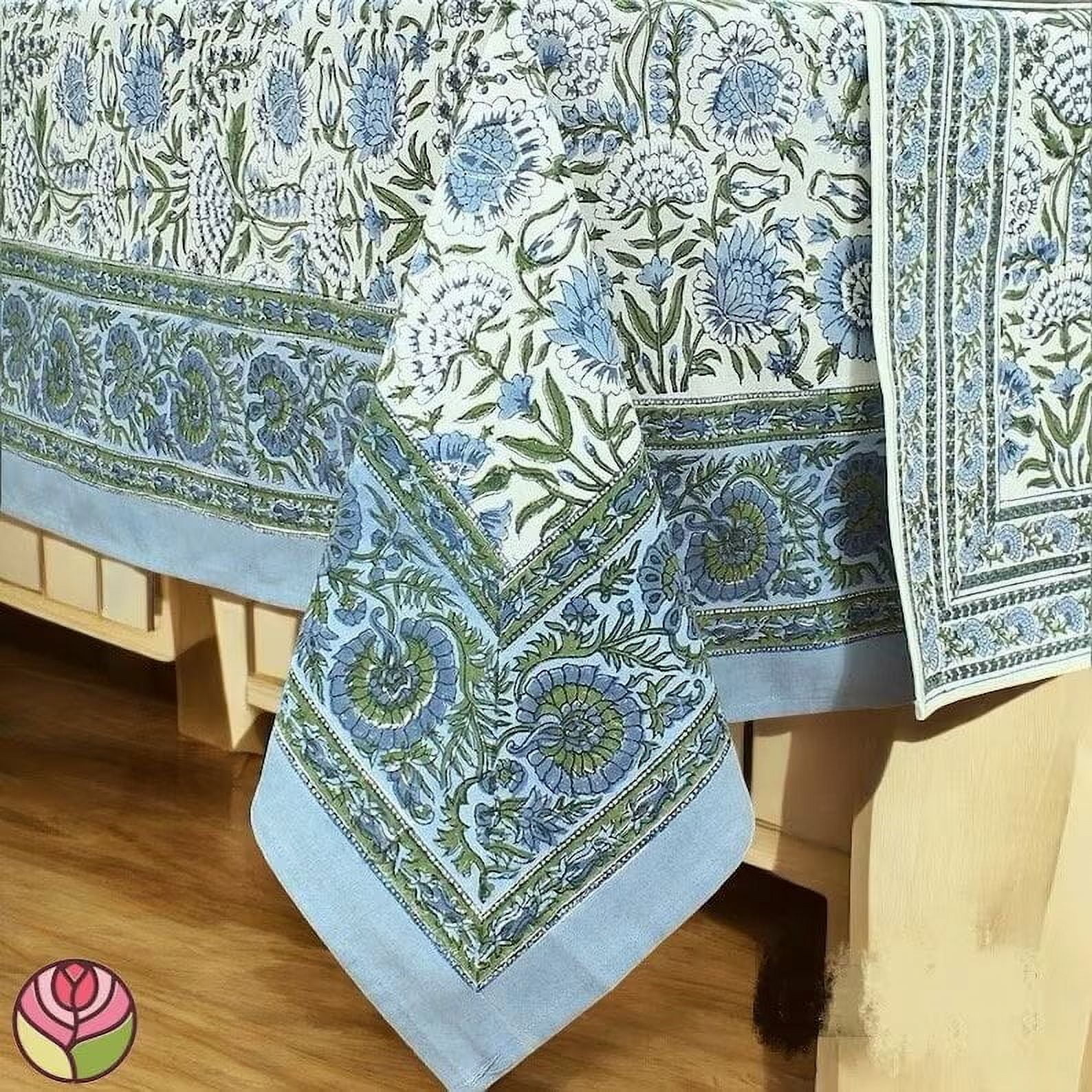 New Era Creation Sage Green Hand Block Printed Cotton Round Tablecloth ...