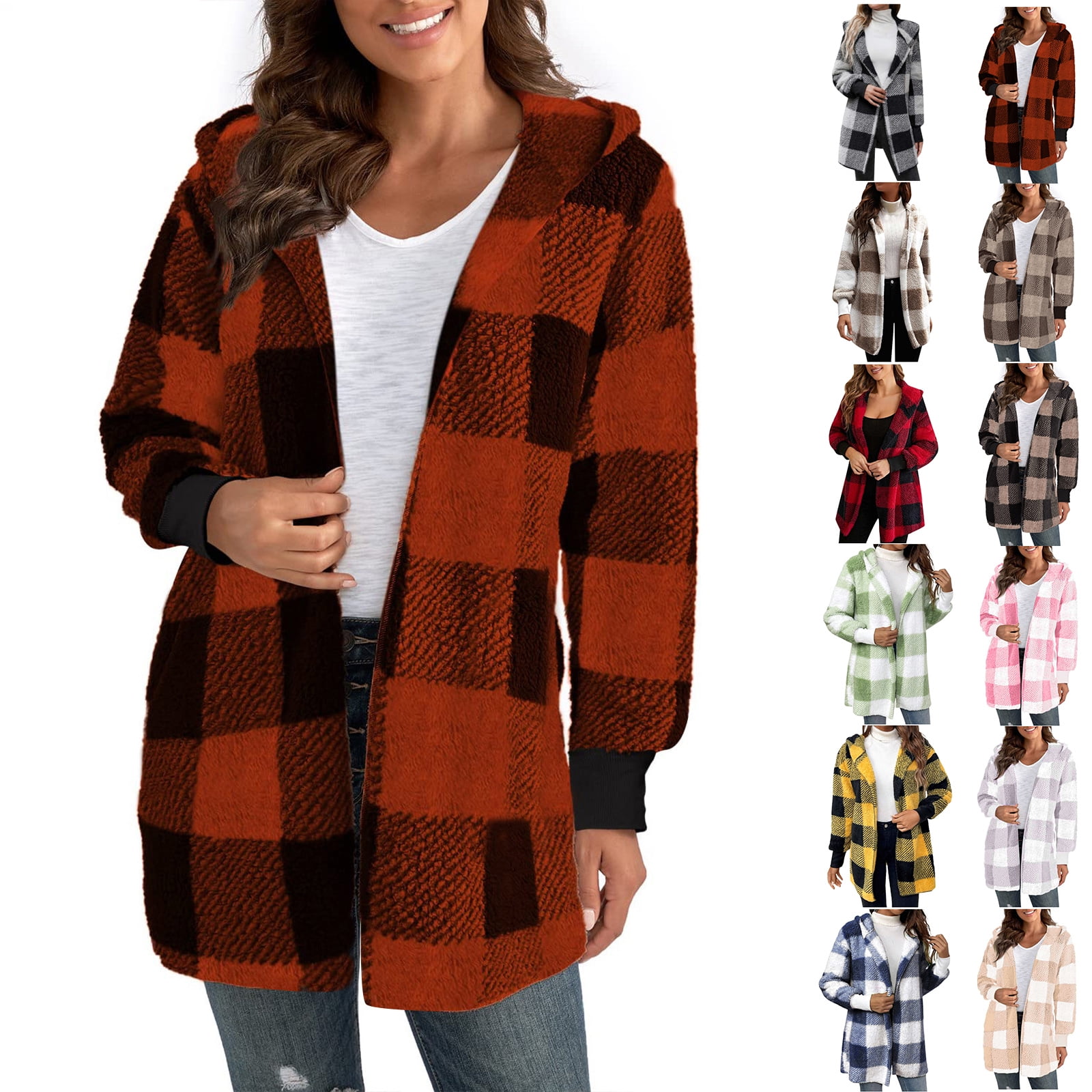 New Fashion Plaid Jackets for Womens Fleece Plus Size Long Sleeve Plaid ...