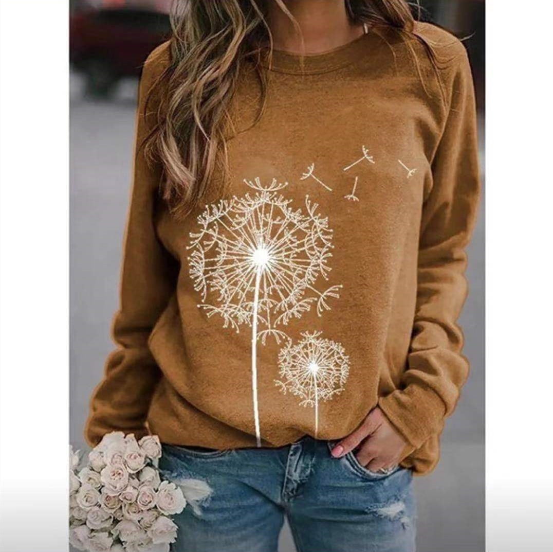 New Fashion Women's Autumn and Winter Solid Color Dandelion Printed Top ...