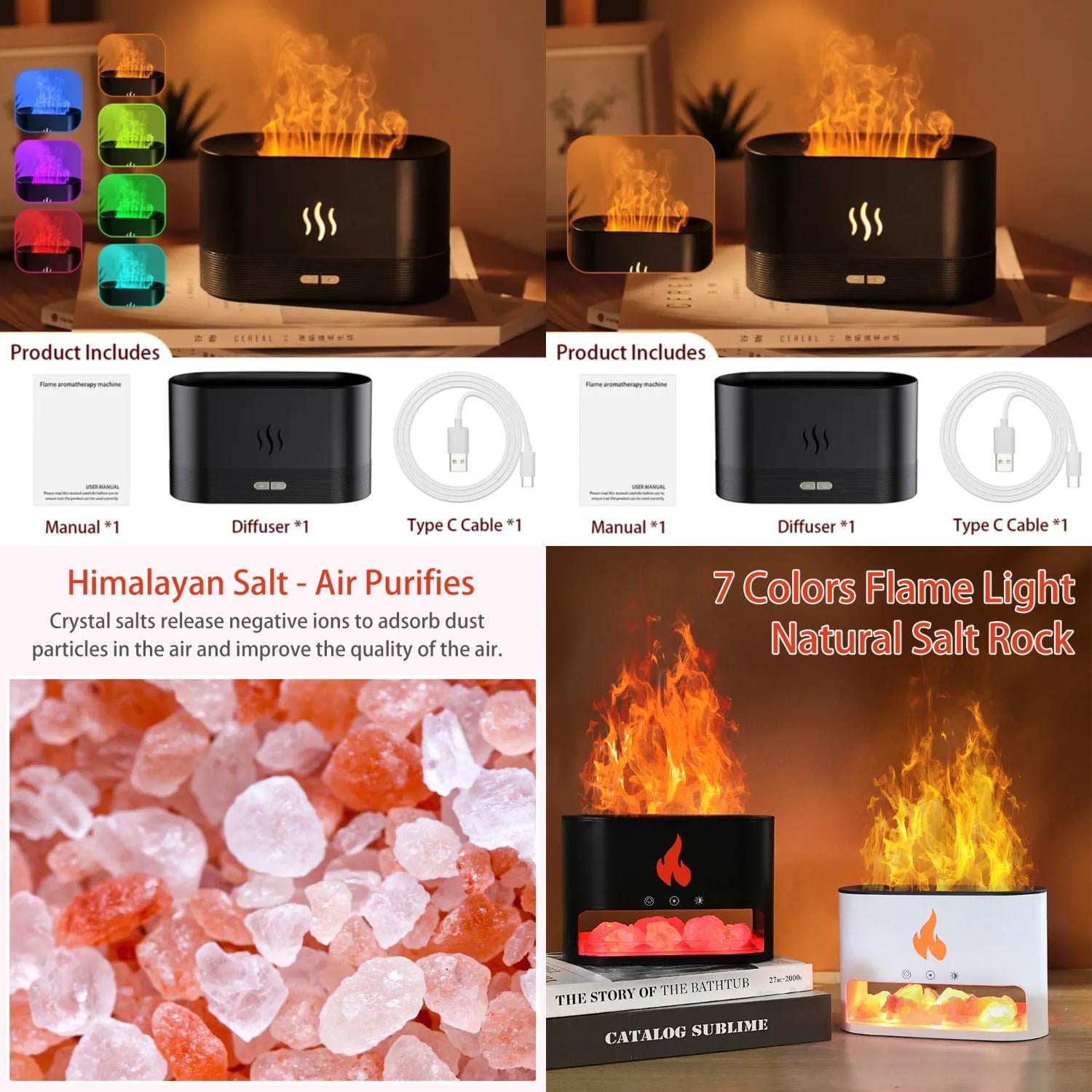 New Fireplace Humidifier Crystal Salt Rock Fire Lamp 7 Color Flame ...