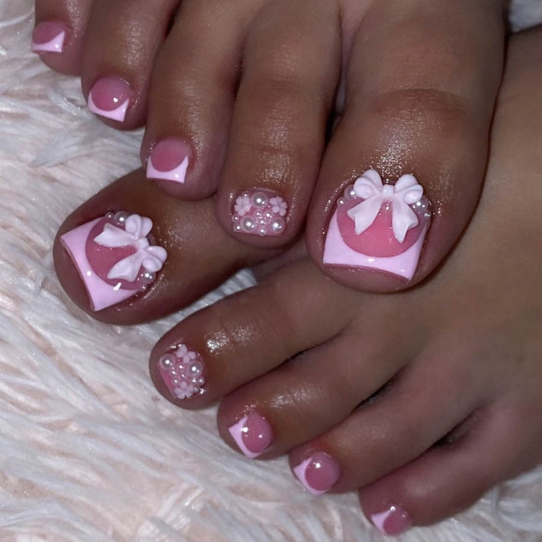 New French False Toe Nails with Heart Rhinestone Design White Edge ...