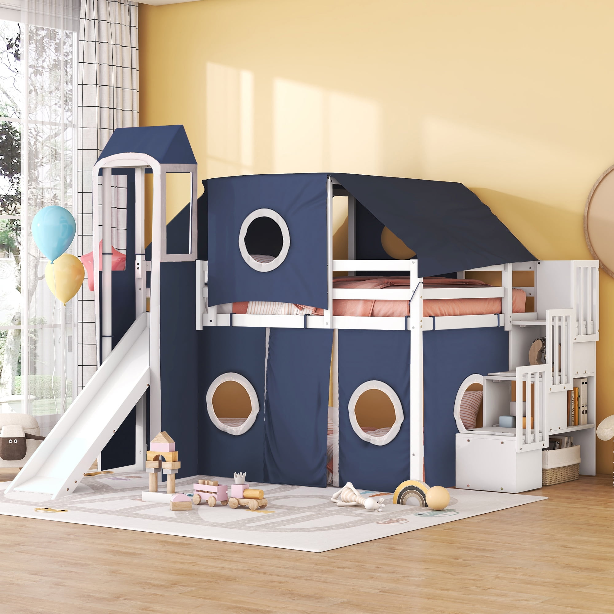 New Full Size Blue Loft Bed with Castle Tent & Tower - Solid Pine Wood ...