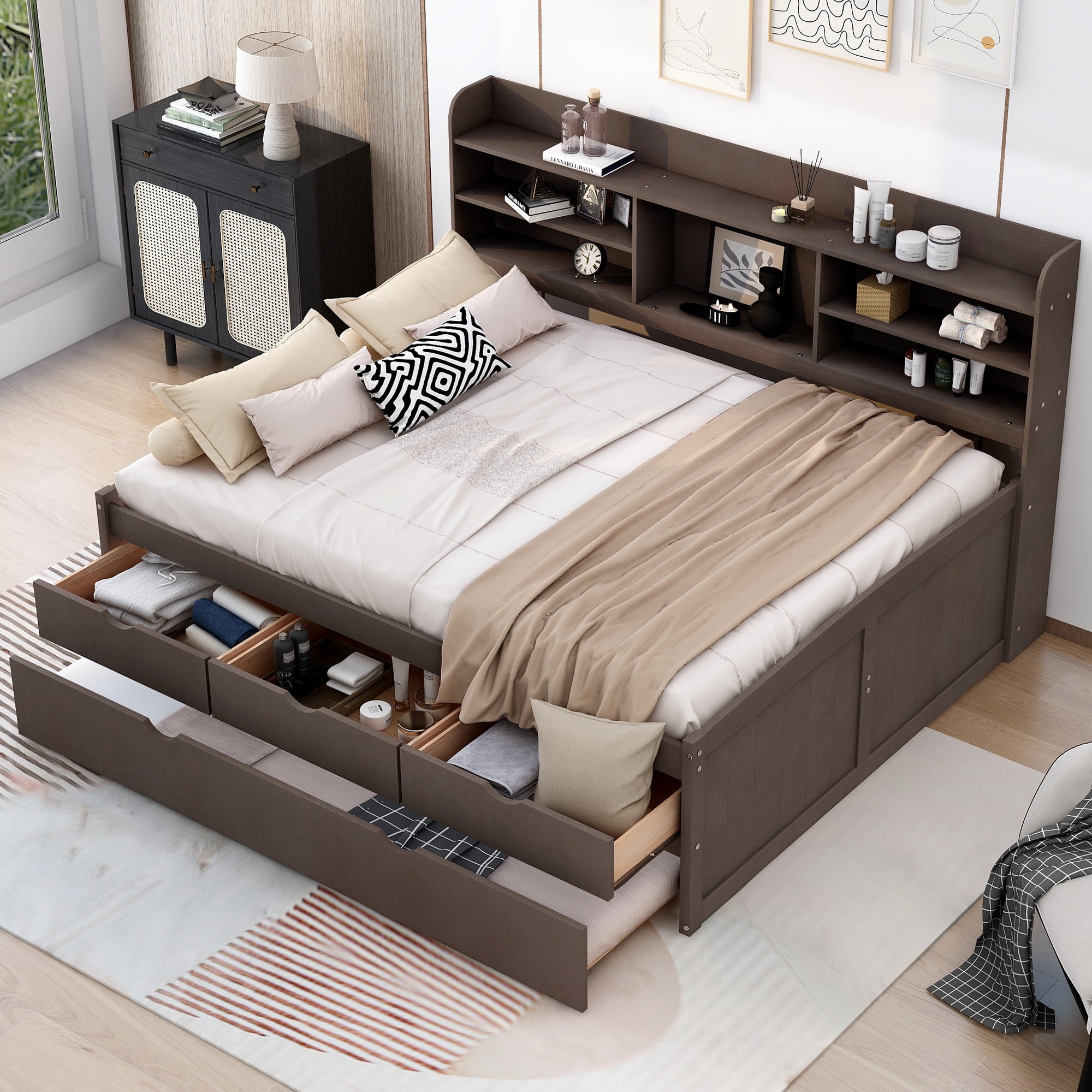 New Full Size Wooden Captain Bed with Built-in Bookshelves,Three ...