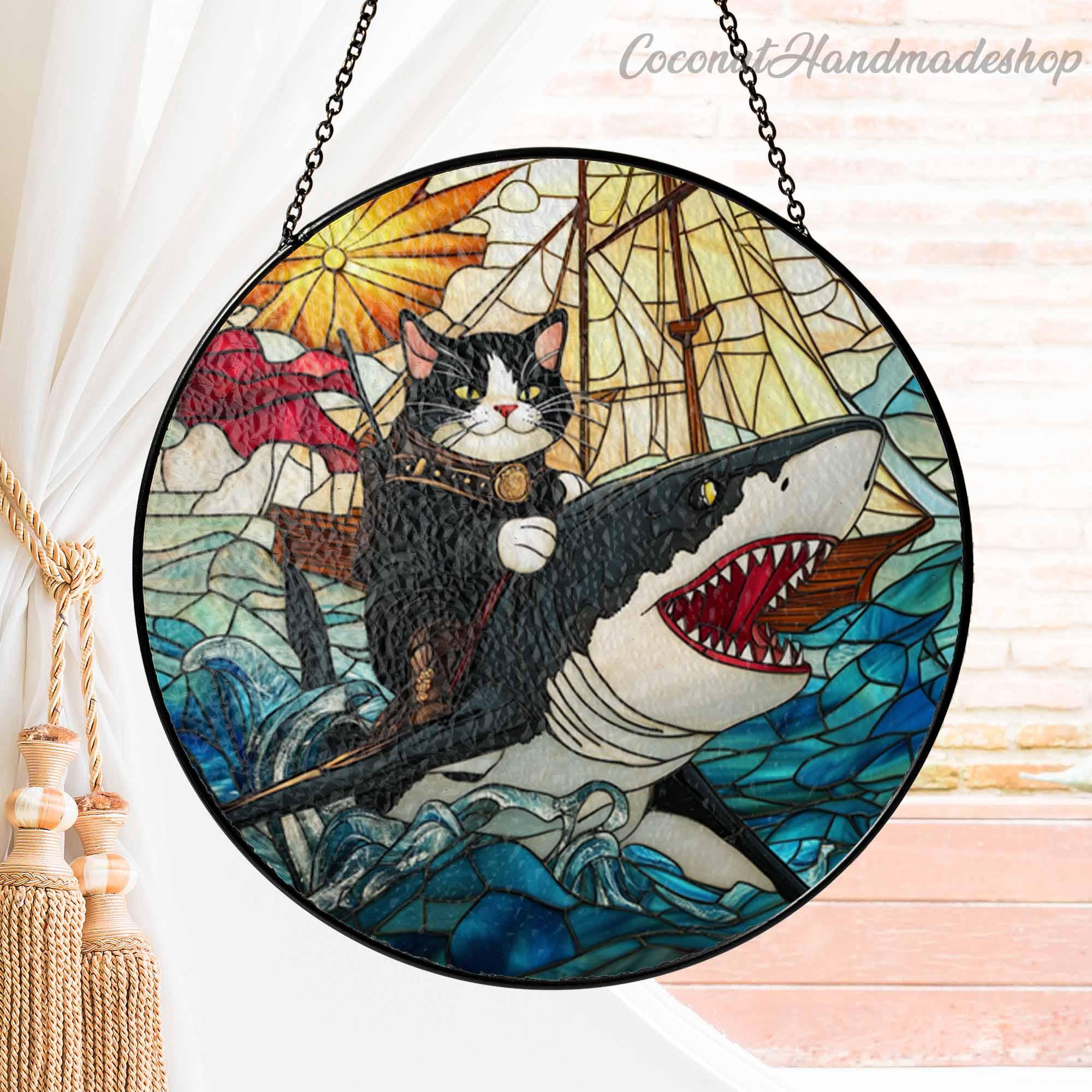 New Funny Cat and Shark Glass Suncatcher, Cat Shark Window Hanging ...