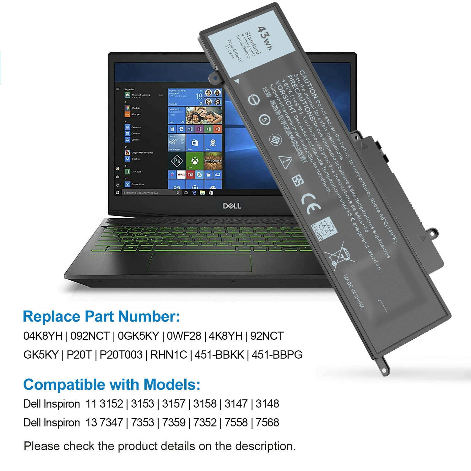 New GK5KY Battery For Dell Inspiron 13 7352 7353 7359 Inspiron 15 7558 ...