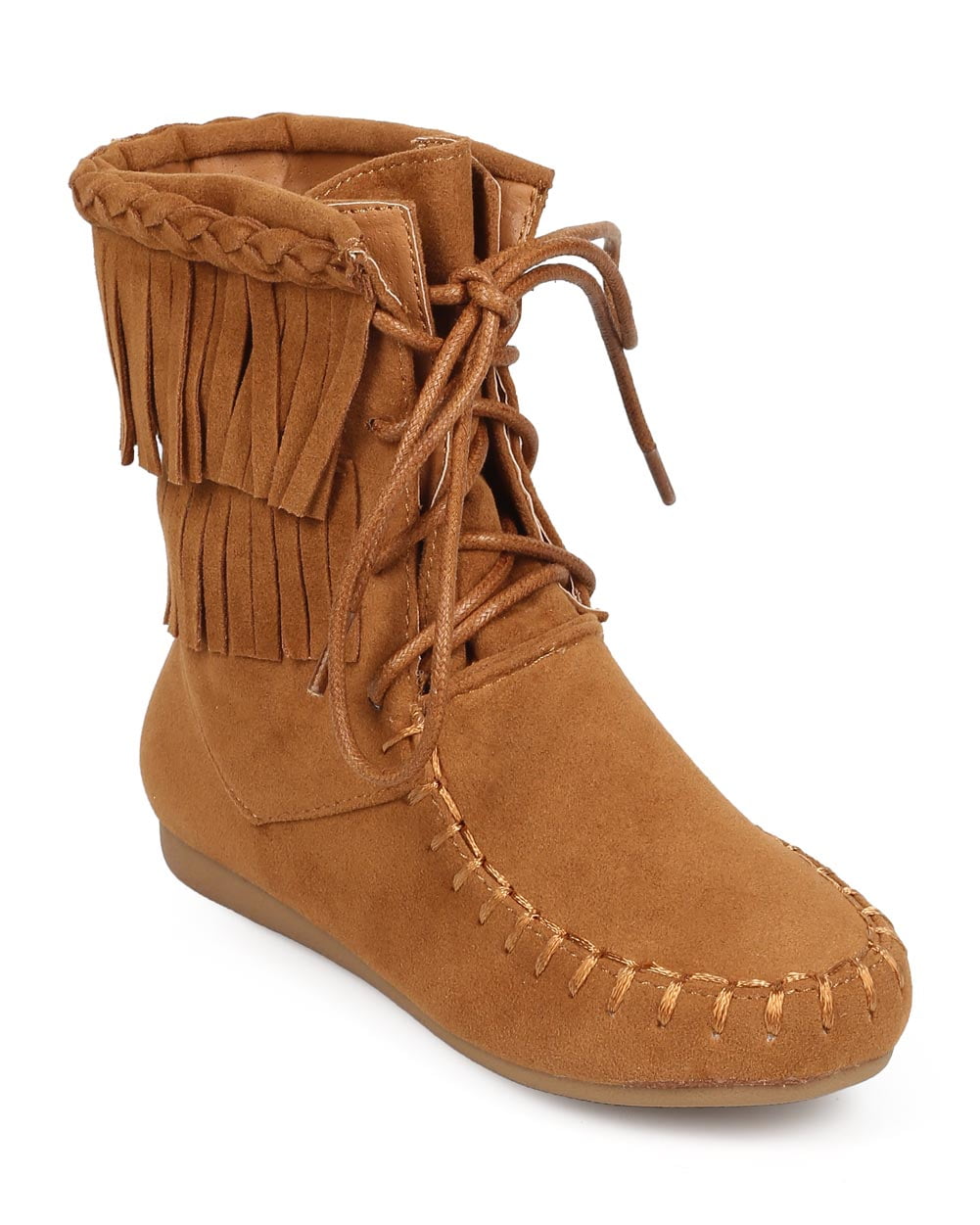 New Girl Link Candice-22K Suede Moc Toe Gathered Fringe Moccasin Bootie ...
