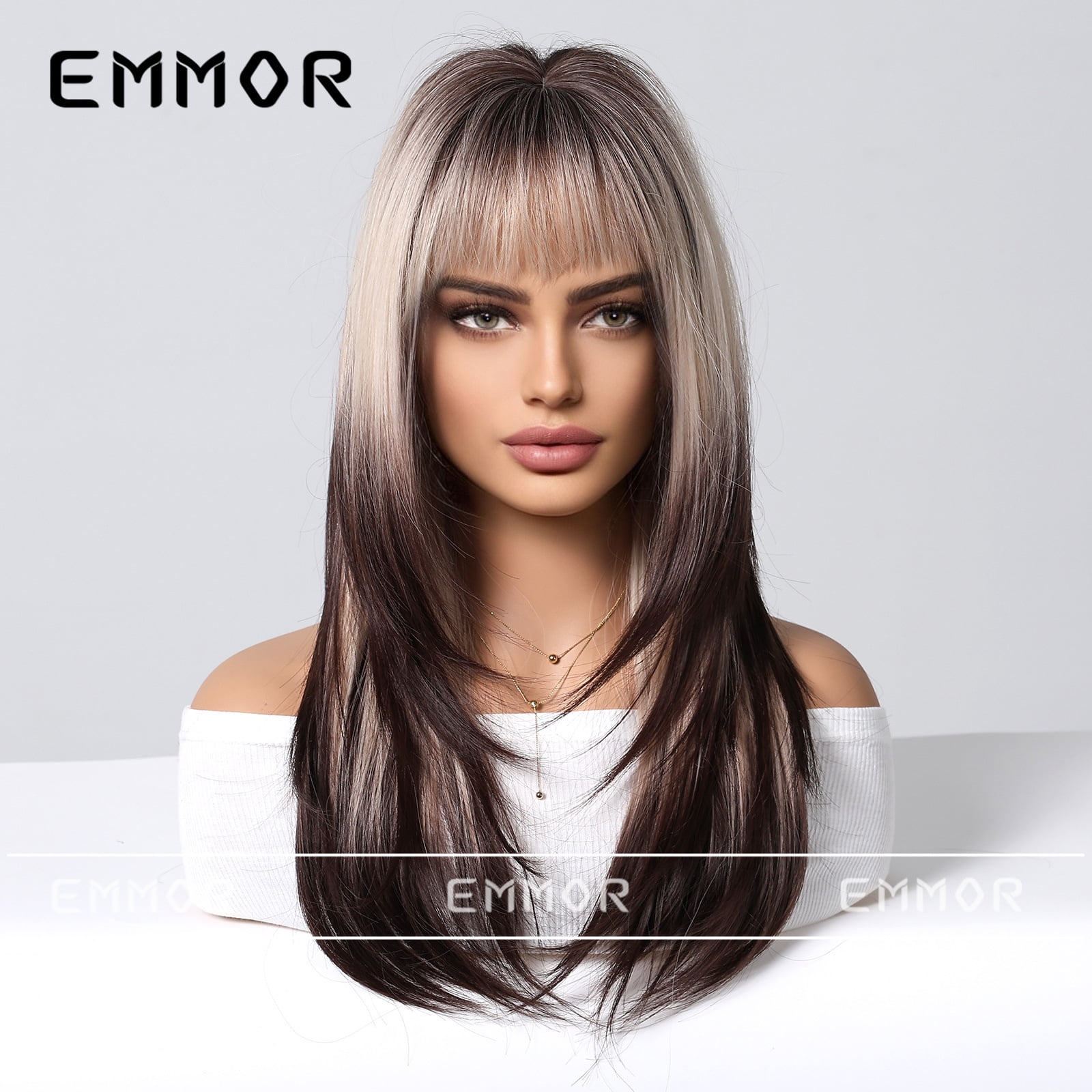 New Gradient Color Full Bangs High-Layered Medium-Length Curly Hair ...