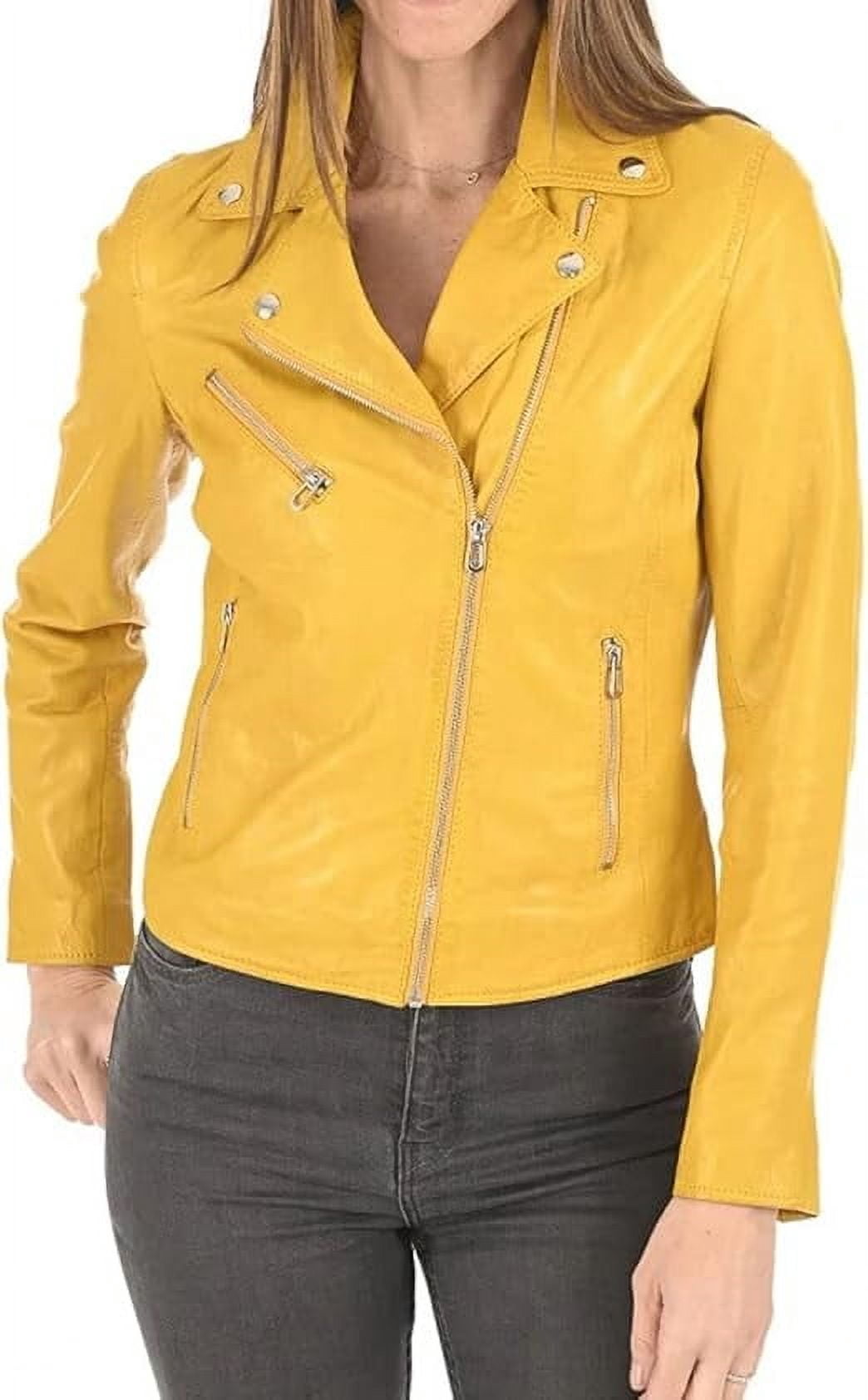 New HOT Women Lambskin Real Leather Yellow Jacket Motorcycle Quilted ...