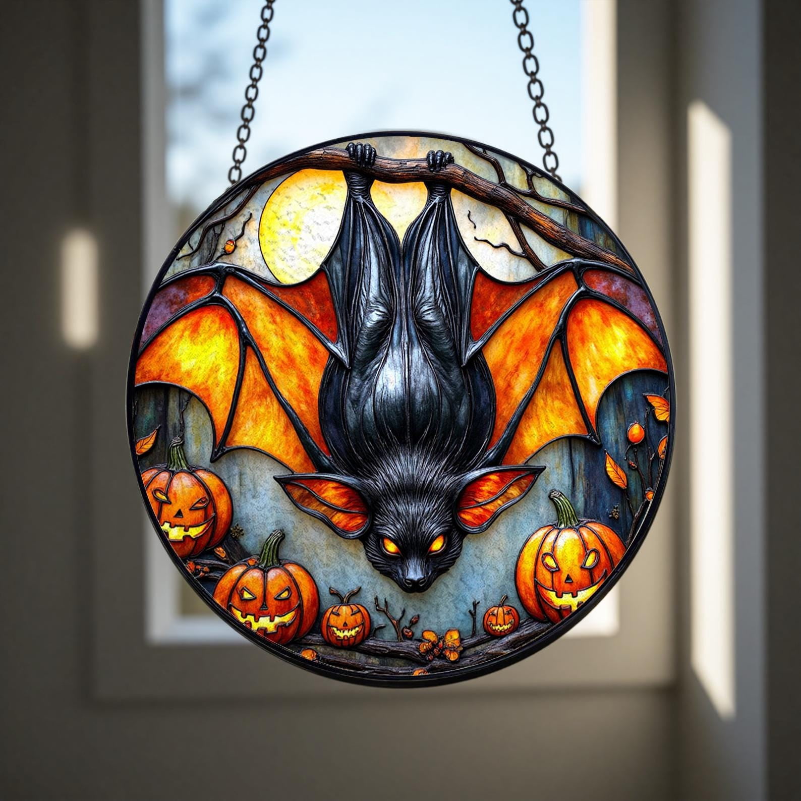 New Halloween Bat and Pumpkin Stained Glass Suncatcher/Upside Down Bat ...