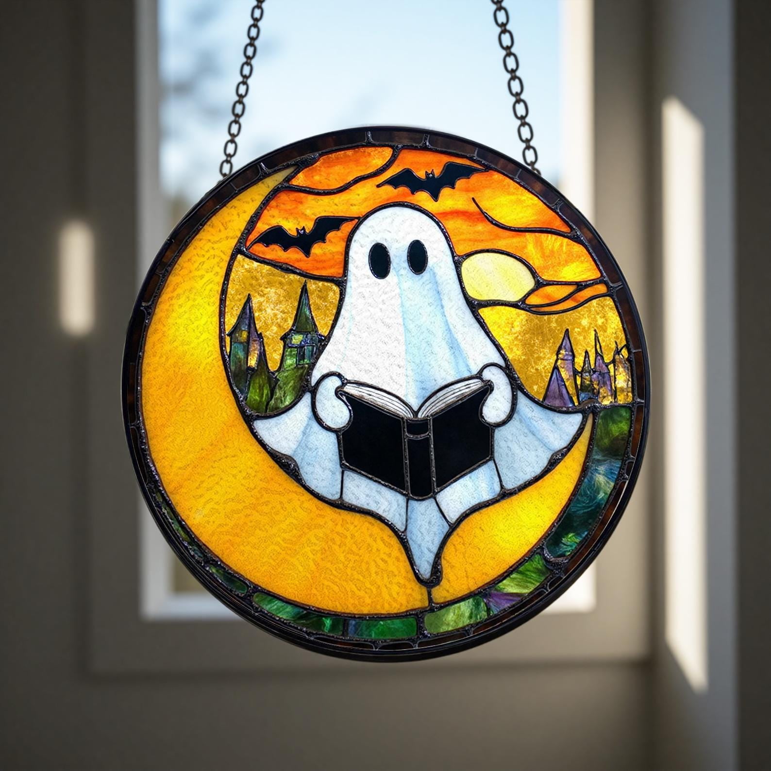 New Halloween Cute Ghost Stained Glass Suncatcher, Moon Ghost Reading ...