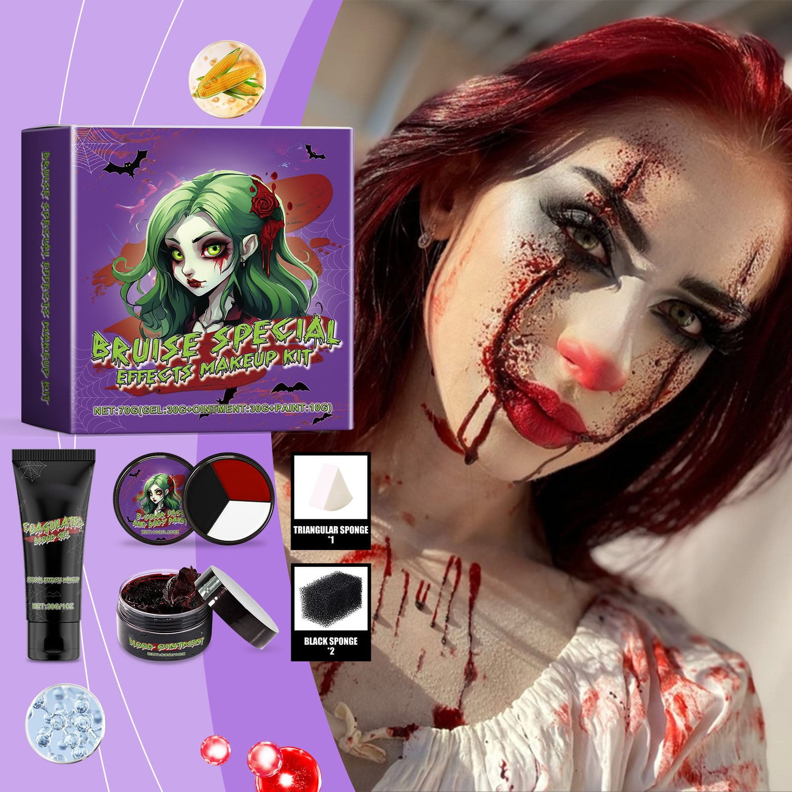 New！ Halloween Makeup Kit Holiday Party Painting Dress Up Makeup Cosmetic Party Tools (Blood Gel ...