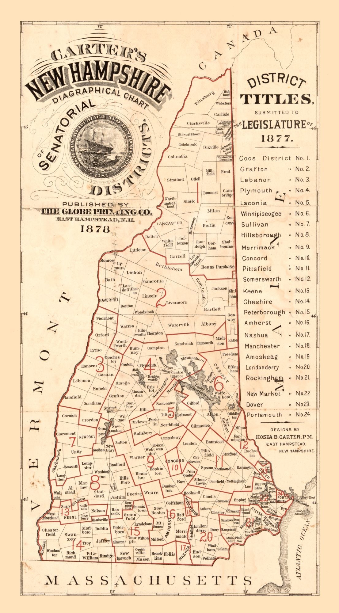 Historic State Map - New Hampshire - Carter 1878 - 23 x 41.60 - Vintage ...