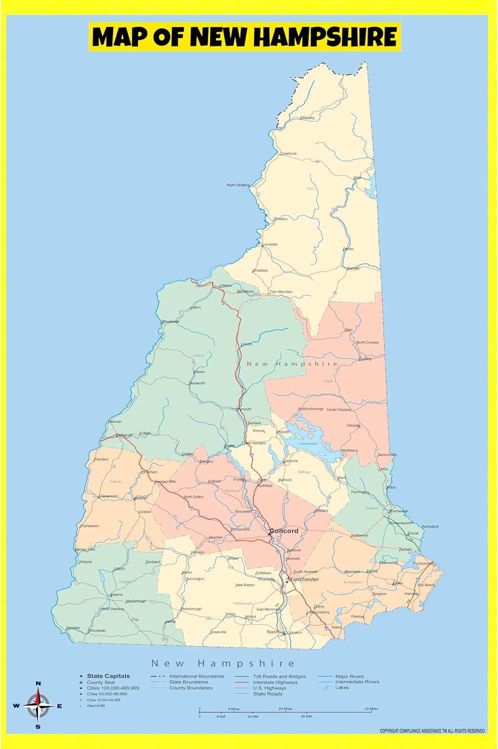 New Hampshire Map Poster - Laminated Wall Map - Style A - 18x24 - Ideal ...