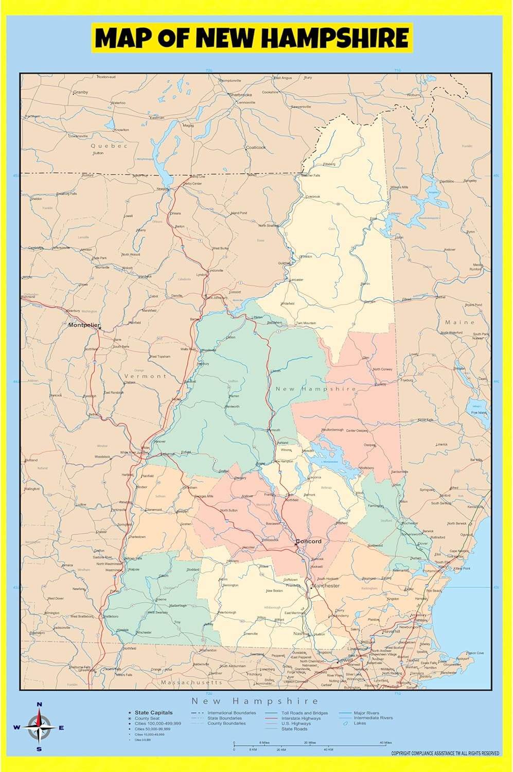 New Hampshire Map Poster - Laminated Wall Map - Style C - 24x36 - Ideal for Classrooms and Homes ...