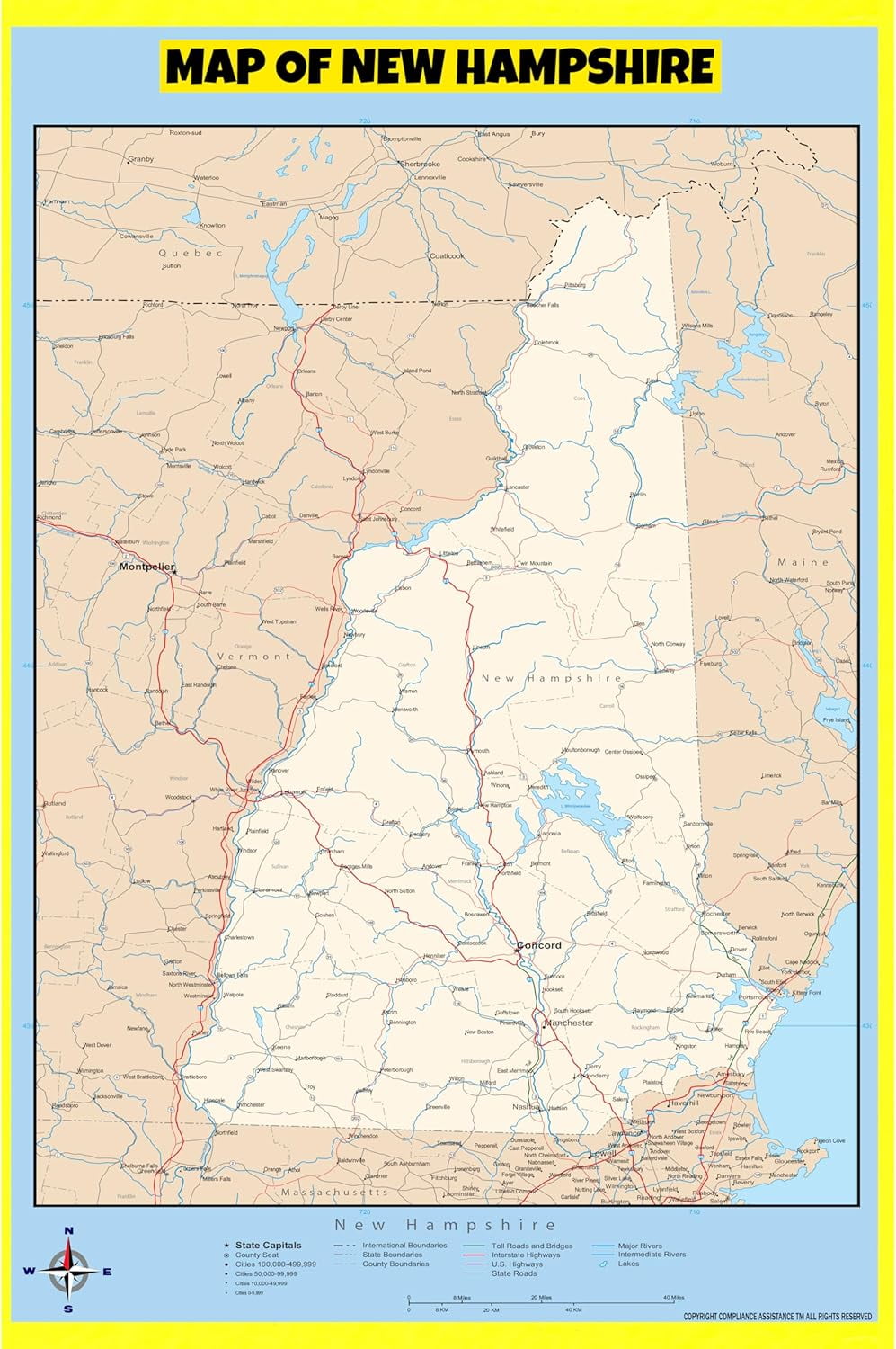 New Hampshire Map Poster - Laminated Wall Map - Style D - 18x24 - Ideal ...
