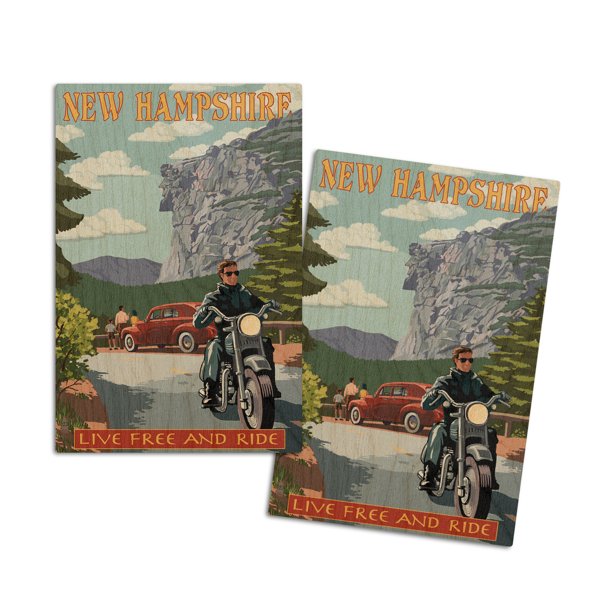 New Hampshire, Motorcycle Scene and Old Man of the Mountain (4x6 Birch ...