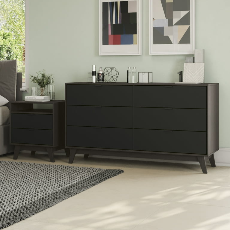 Kappesberg New Hanford 2 Piece Bedroom Set 6 Drawer Dresser One 2 Drawer Nightstand Brown Black