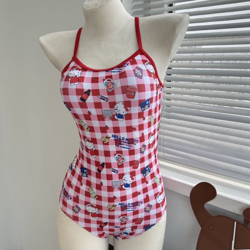 New Hello Kitty Plaid Style Women's Swimwear, One Piece Sexy Halter ...