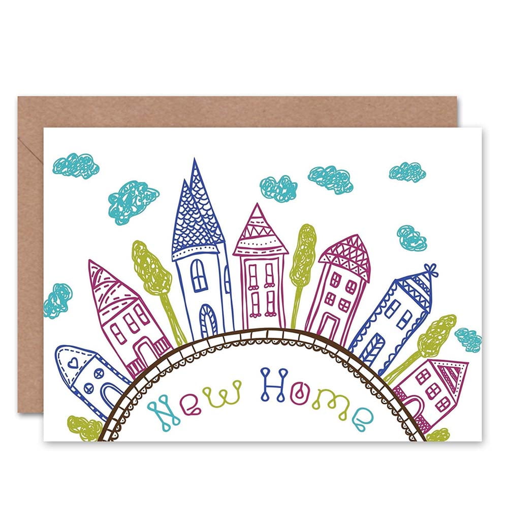 New Home Moving House Kids Drawing City Clouds Greetings Card Plus ...