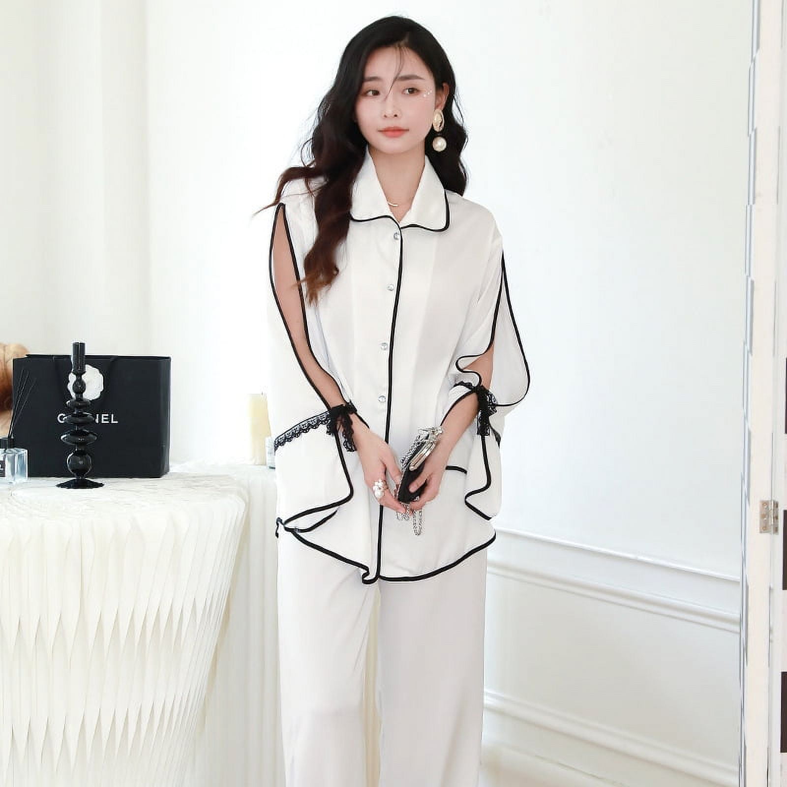 New Ice Silk Pajamas Women's White Tiger Long Sleeve Simulated Silk Summer Home Wear Pants Set ...