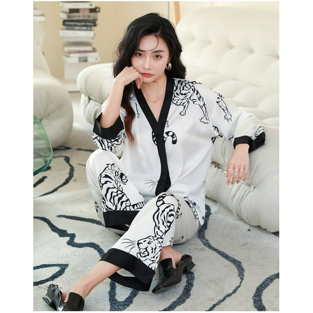 New Ice Silk Pajamas Women's White Tiger Long Sleeve Simulated Silk ...