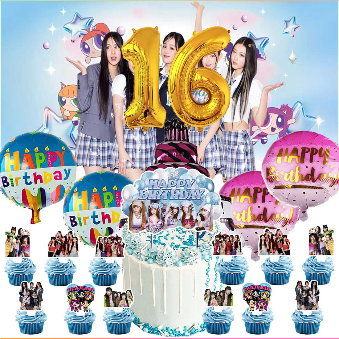 New Jeans Party Supplies Decor 16th Kit Balloons Birthday Cake Topper ...