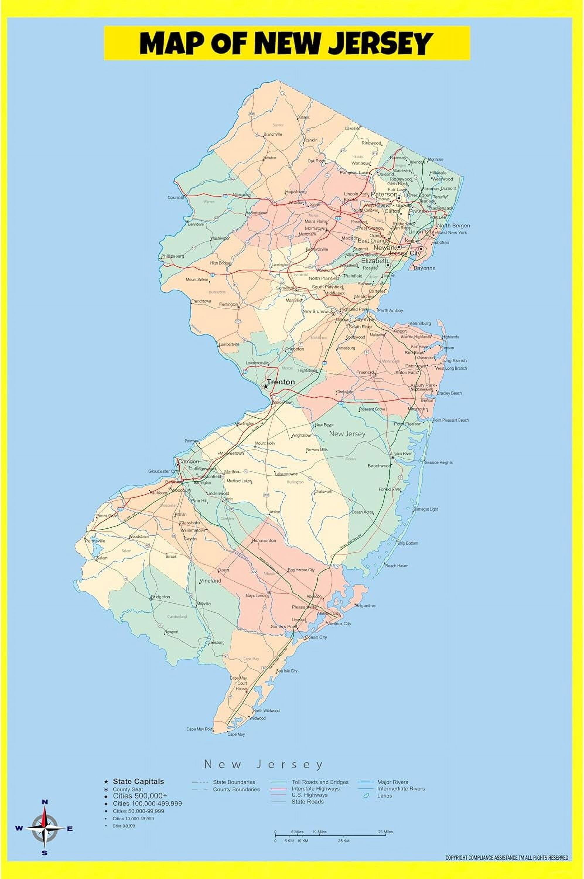 New Jersey Map Poster - Laminated Wall Map - Style A - 24x36 - Ideal ...