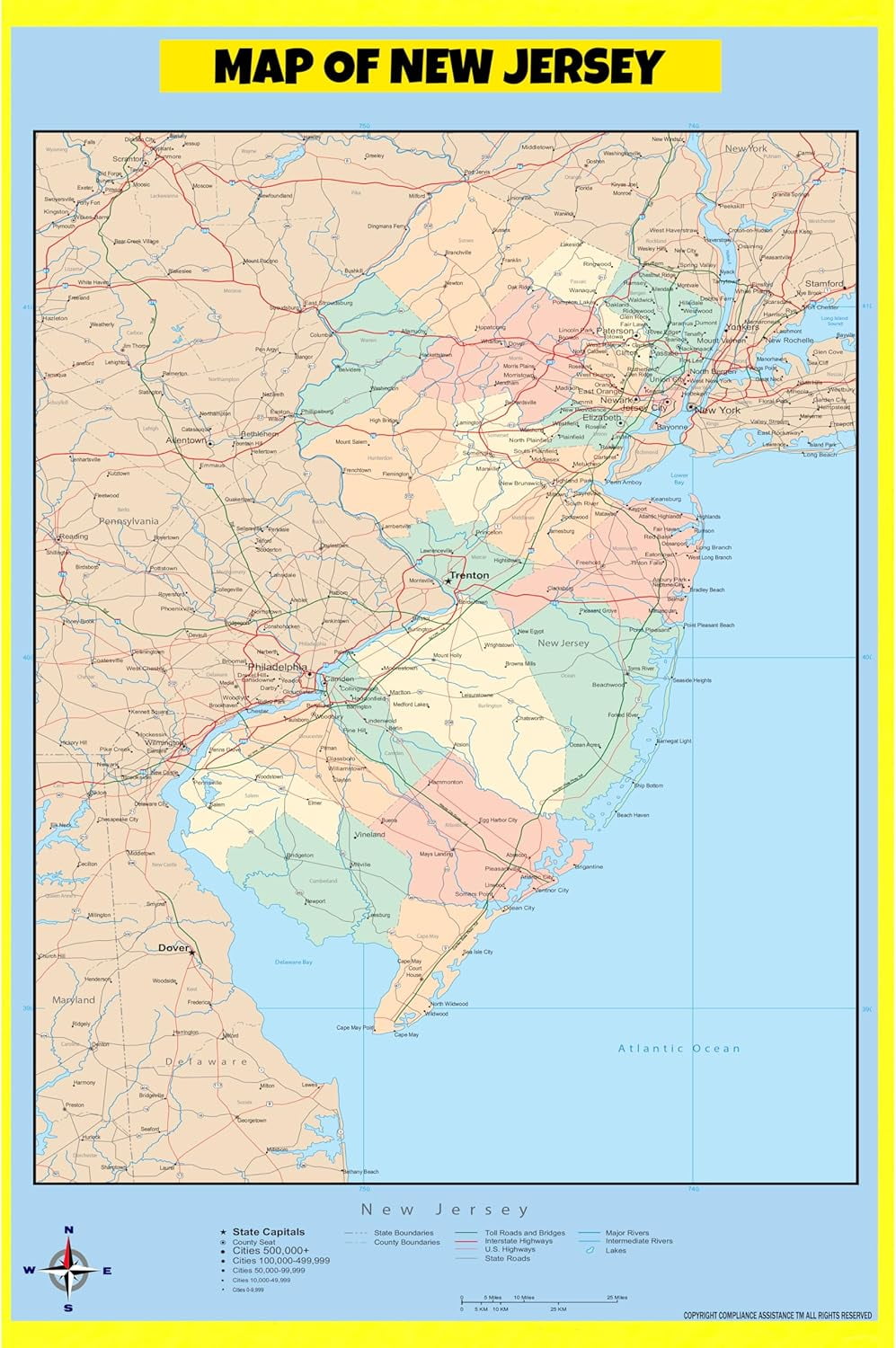 New Jersey Map Poster - Laminated Wall Map - Style C - 20x30 - Ideal ...