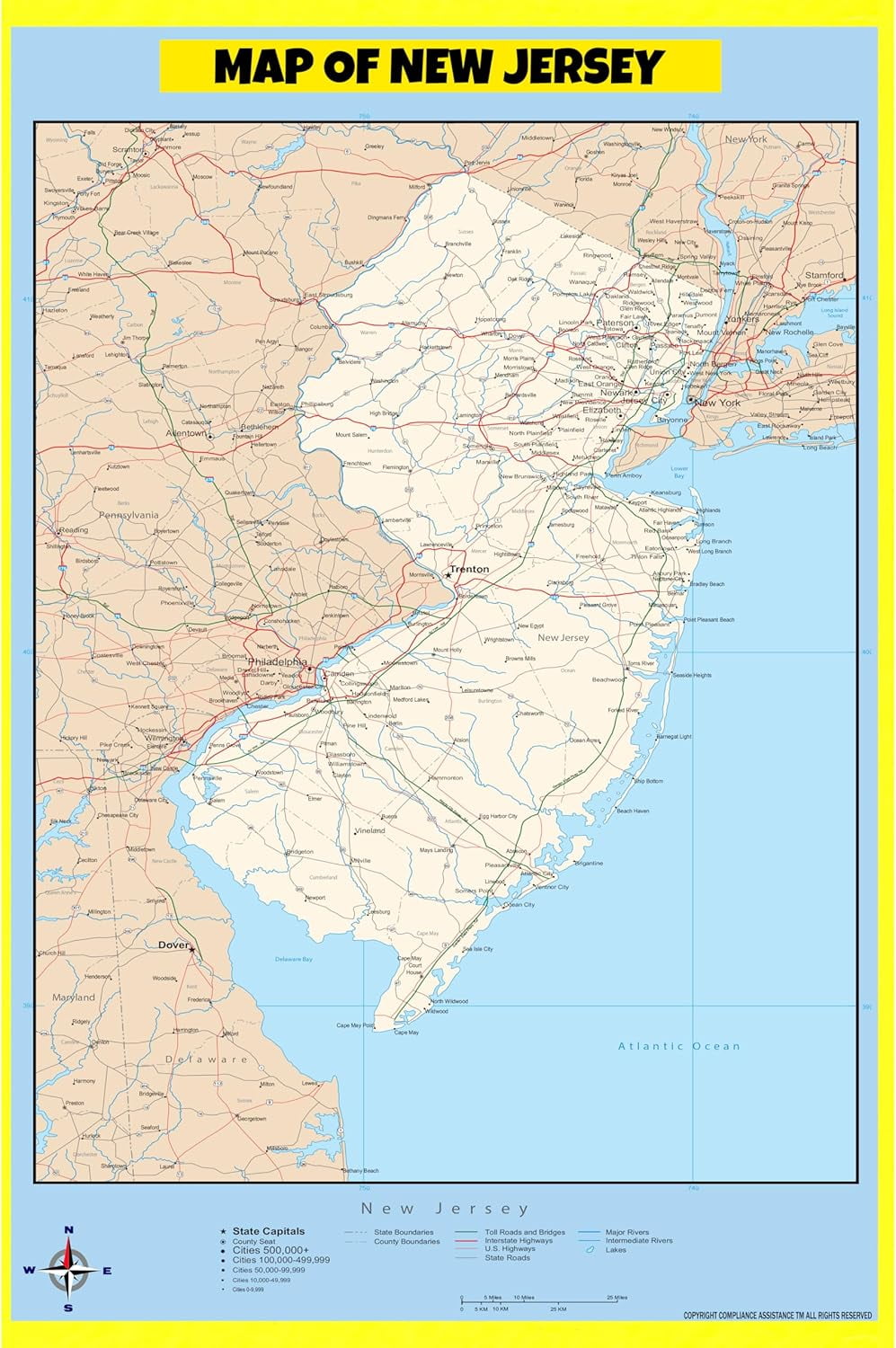 New Jersey Map Poster - Laminated Wall Map - Style D - 36x60 - Ideal ...
