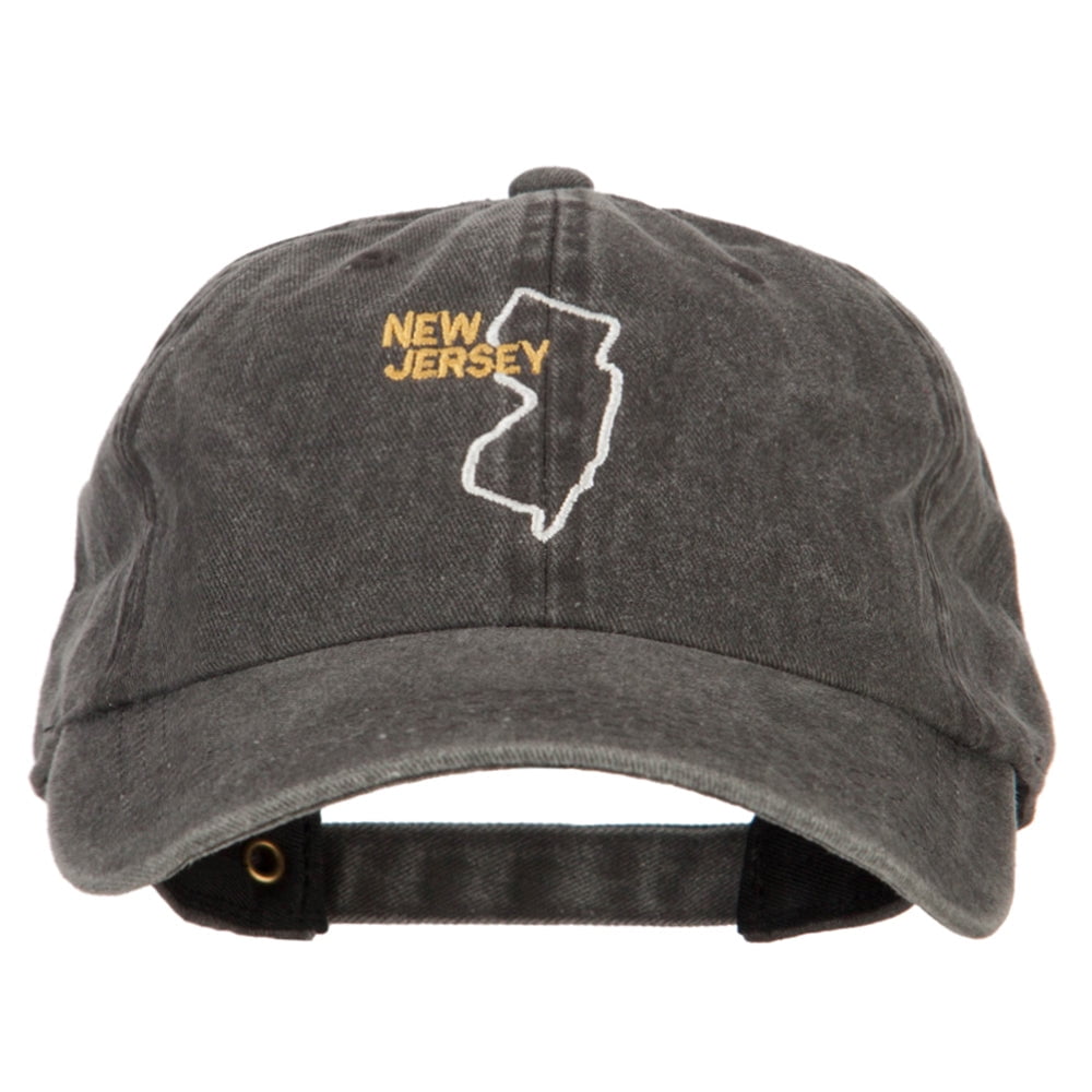 New Jersey with Map Outline Embroidered Washed Cotton Twill Cap - Black ...
