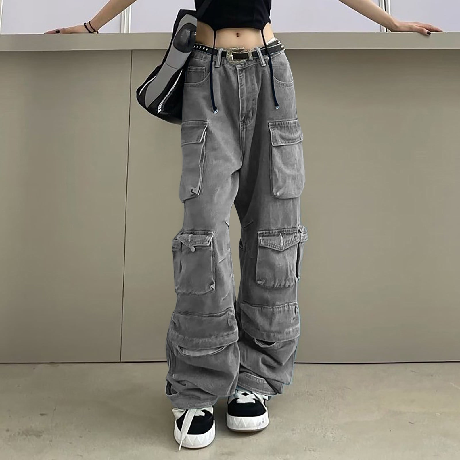 New Ladies Fashion Gray Stitching Pocket Overalls Street Washing Water ...